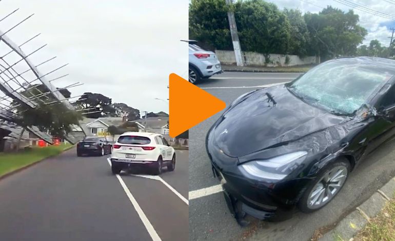 Watch: Moment Tesla escapes collapsing scaffolding in Auckland